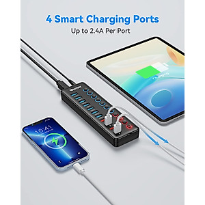Powered USB 3.0 Hub, Wenter 11-Port Hub Splitter (7 Faster Data Transfer Ports+ 4 Smart Charging Ports) with Individual LED On/Off Switches, Power Adapter for Mac, PC