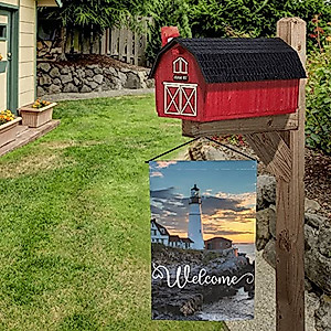 Setting Sun Small House Lighthouse Garden Flags Premium Seaside Landscape Art Design Yard Flag Holiday Party Flag Outdoor Farmhouse Decor Home Porch Flags 12 x 18inch