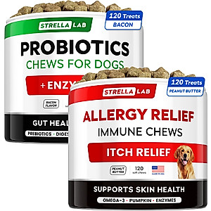 Allergy Relief + Probiotics Dogs Bundle - Itchy Skin Treatment + Digestive Enzymes - Omega 3 & Pumpkin + Prebiotics - Dogs Itching & Licking Treats + Improve Digestion - 240 Chews - Made in USA