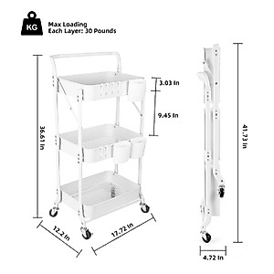Amatic 3 Tier Foldable Metal Rolling Cart, Collapsible Rolling Storage Organizer with Wheels, Folding Laundry Utility Cart for Kitchen & Office, Include 3 Hanging Cups & 6 Hooks (White)