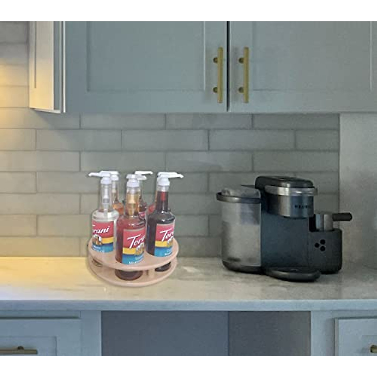 7 Bottles Capacity Coffee Syrup Rack- Rotating Syrup Bottle Holder Organizer- Kitchen Rack and Cobinet- Tabletop Freestanding Wine Rack- Lazy Susan for Bottle of Wine, Oil, Sauce, Alcohol