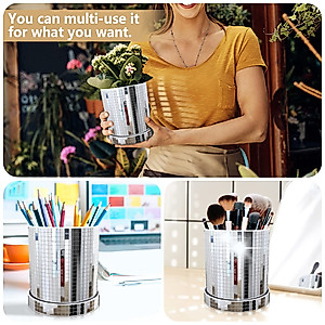 Adnee Modern Disco Cylindrical Plastic Planter Pot, Silver, 4.5 x 4.8 inch, Indoor Outdoor, Drainage Hole and Saucer