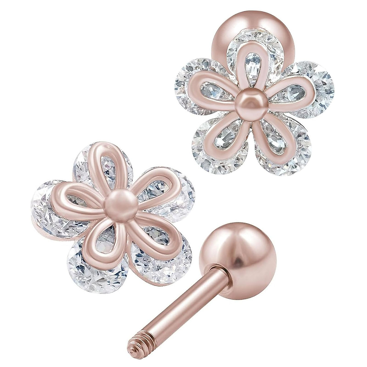 bodyjewellery 2pcs 16g 1/4 Cartilage Earring Stud Flower Barbell Forward Heilix Tragus Lobe Auricle Cartilage Bar Surgical Steel CZ - RG