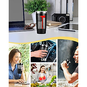 KIKERRO Thin Red Line Firefighter Gifts for Men, Fireman, Fire Fighter Department Team Essentials Coffee Mug Cup - 20oz Insulated Stainless Steel Tumbler, Black