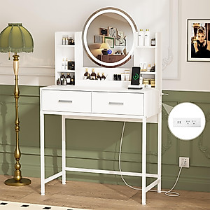 HDDDZSW Vanity Desk with Mirror and Lights, Make up Vanity Desk with Charging Station and 2 Drawers, Dressing Table with 3-Lighting-Modes Makeup Mirror, White Vanity Makeup Table for Bedroom