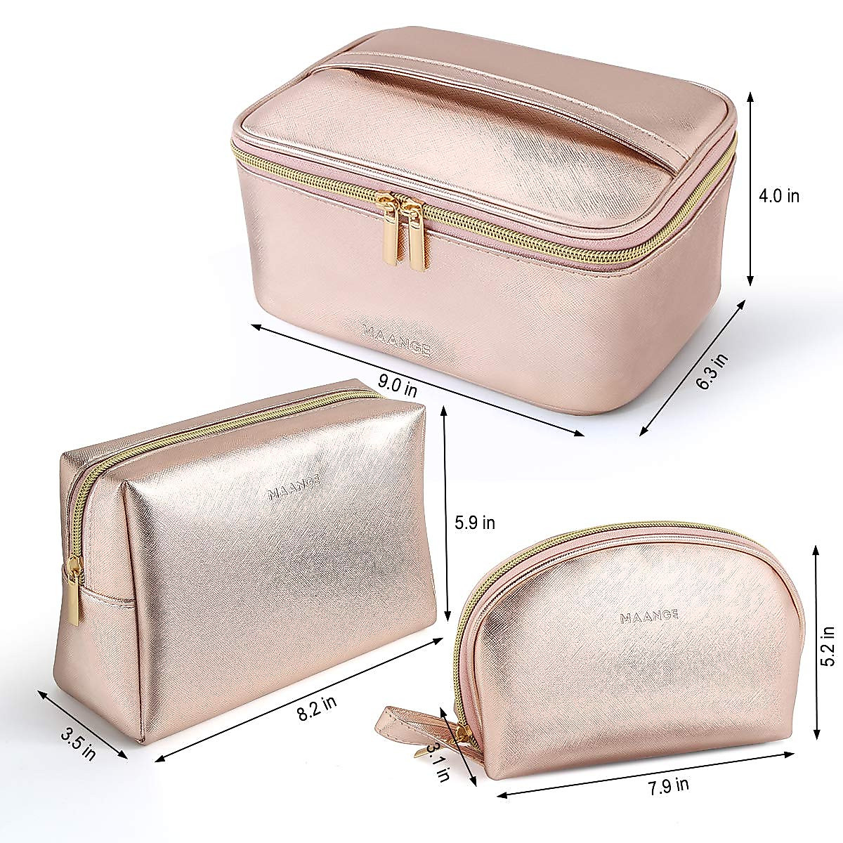 MAANGE 3 Pcs Makeup Bag Portable Travel Cosmetic Bag Large Makeup Bag Organizer with Gold Zipper Waterproof Toiletry Bags for Women and Girls(Rose Gold)