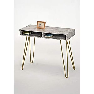 RAAMZO Computer Writing Desk Table with Open Storage Cubbies, Gold Metal Legs/White Faux Marble - Mid-Century Style