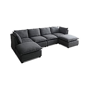U Shaped Convertible Modular Sectional Sofa with Movable Ottomans and Solid Wood Legs , Free Combination Reversible Corner Couch , 6 Seater Oversized Upholstered Sleeper Sofabed for Living Room Office