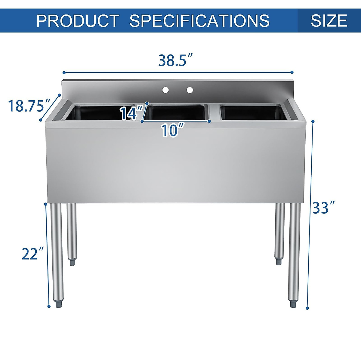 HARDURA 3 Compartment Sink of Stainless Steel, with 10X14X10 Inches Bowl and Backsplash, NSF Commercial Three Compartment Sink for Bar, Restaurant, Kitchen and Cafe