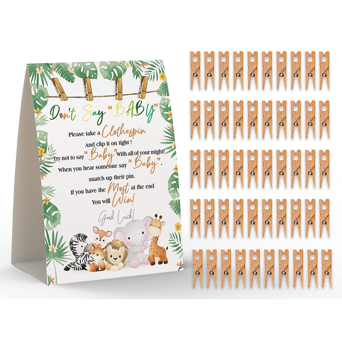 Don't Say Baby Sign, Baby Shower Clothespin Game, Includes a 5x7 Standing Sign and 50 Mini Natural Clothespins - Toctose046