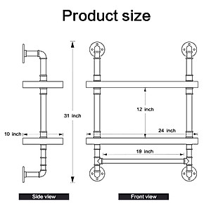 HouseAid Industrial Pipe Floating Shelves with Towel Bar, 24 Inch Farmhouse Vintage Style Shelf for Bathroom, Wall Mounted, Matte Black (2 Tiers)