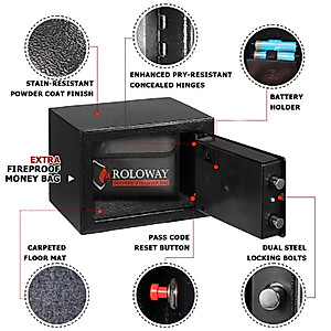ROLOWAY Steel Money Safe Box for Home with Fireproof Money Bag for Cash Safe Hidden, Security Safe Box for Money Safe with Keys, Lock Box Fireproof Safe with Keypad Lock (Black)