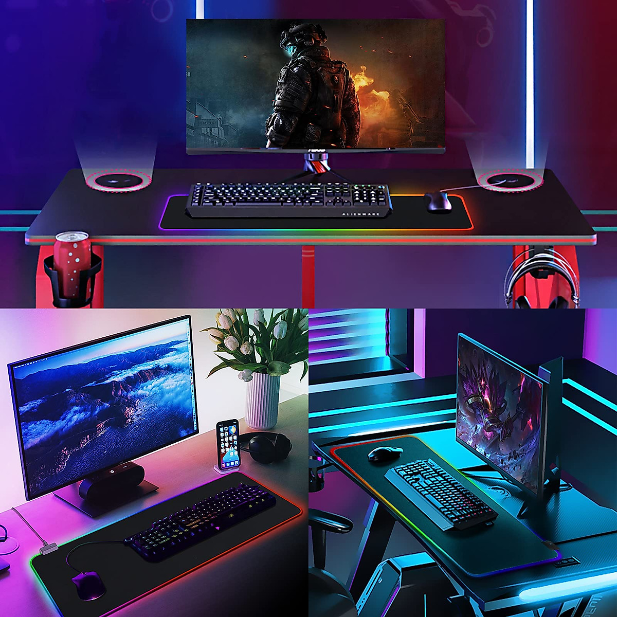 SIMEEGO RGB Gaming Mouse Pad, Led Mouse Pad with 14 Lighting Mods Large Sized Soft mousepad, Waterproof, Low Friction Hard Surface Keyboard Mouse Mat for Gaming and Work -31.5×11.8 (Honeycomb Hexagon)