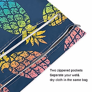 SDMKA 2Pcs Wet Dry Bag for Baby Cloth Diapers Bright Pineapple Reusable Waterproof Wet Bag with Two Zippered Pockets for Travel Beach Pool