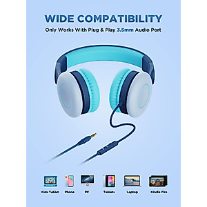 BIGGERFIVE Kids Headphones, Wired Headphones for Kids Boys Girls, 85/94dB Safe Volume Limited, Microphone, Foldable, 3.5mm Jack Stereo Child Teens Headphones for School/Travel/iPad/Tablet, Blue