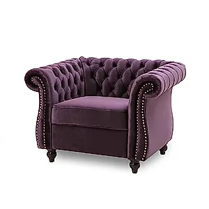 Great Deal Furniture Leila Chesterfield Velvet Club Chair, BlackBerry