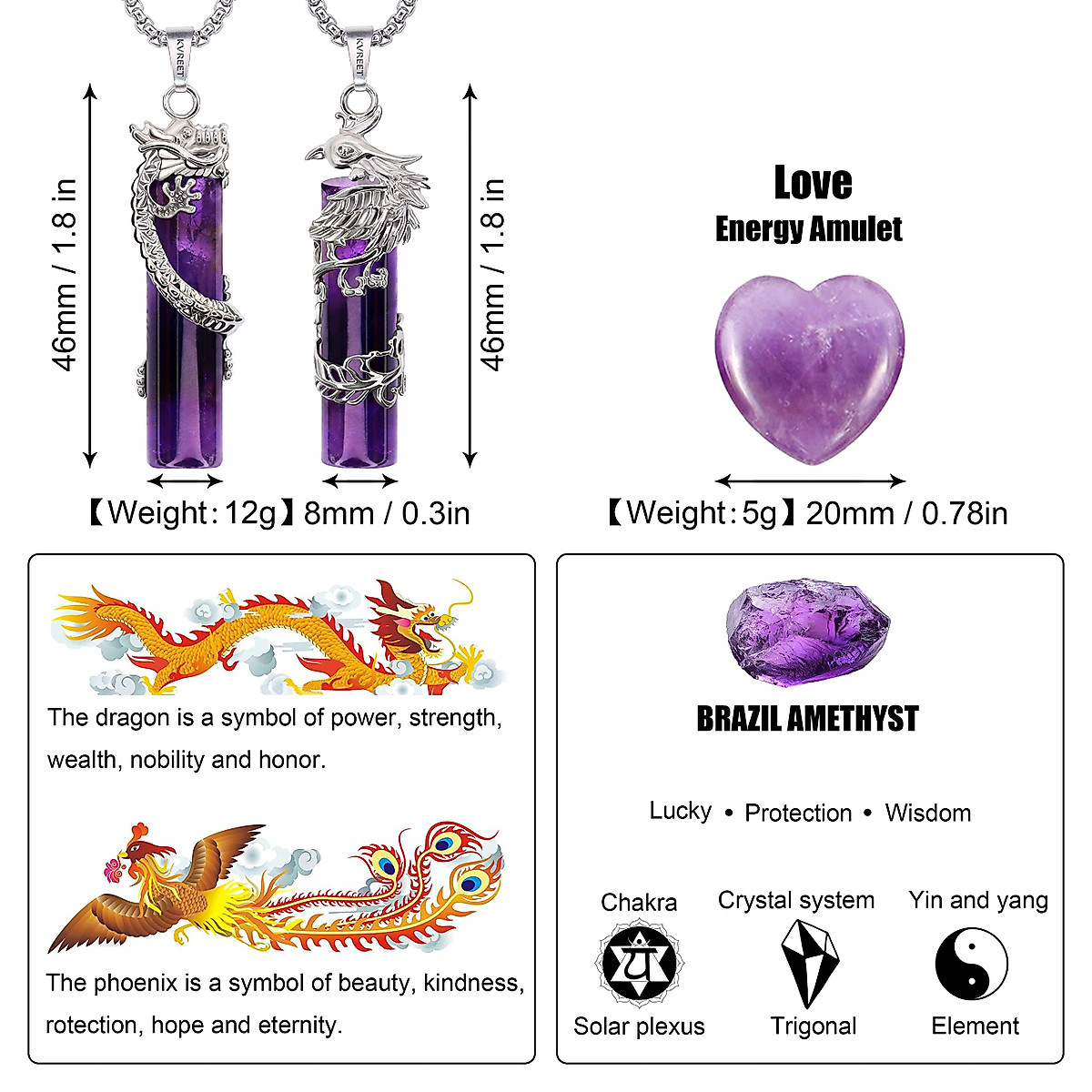 KVREET Amethyst Dragon and Phoenix Couple Matching Yin Yang Necklace Plus Heart Semi-Precious Stone Set Natural Healing Crystal He and Her Pendant Necklace Gift (Amethyst)