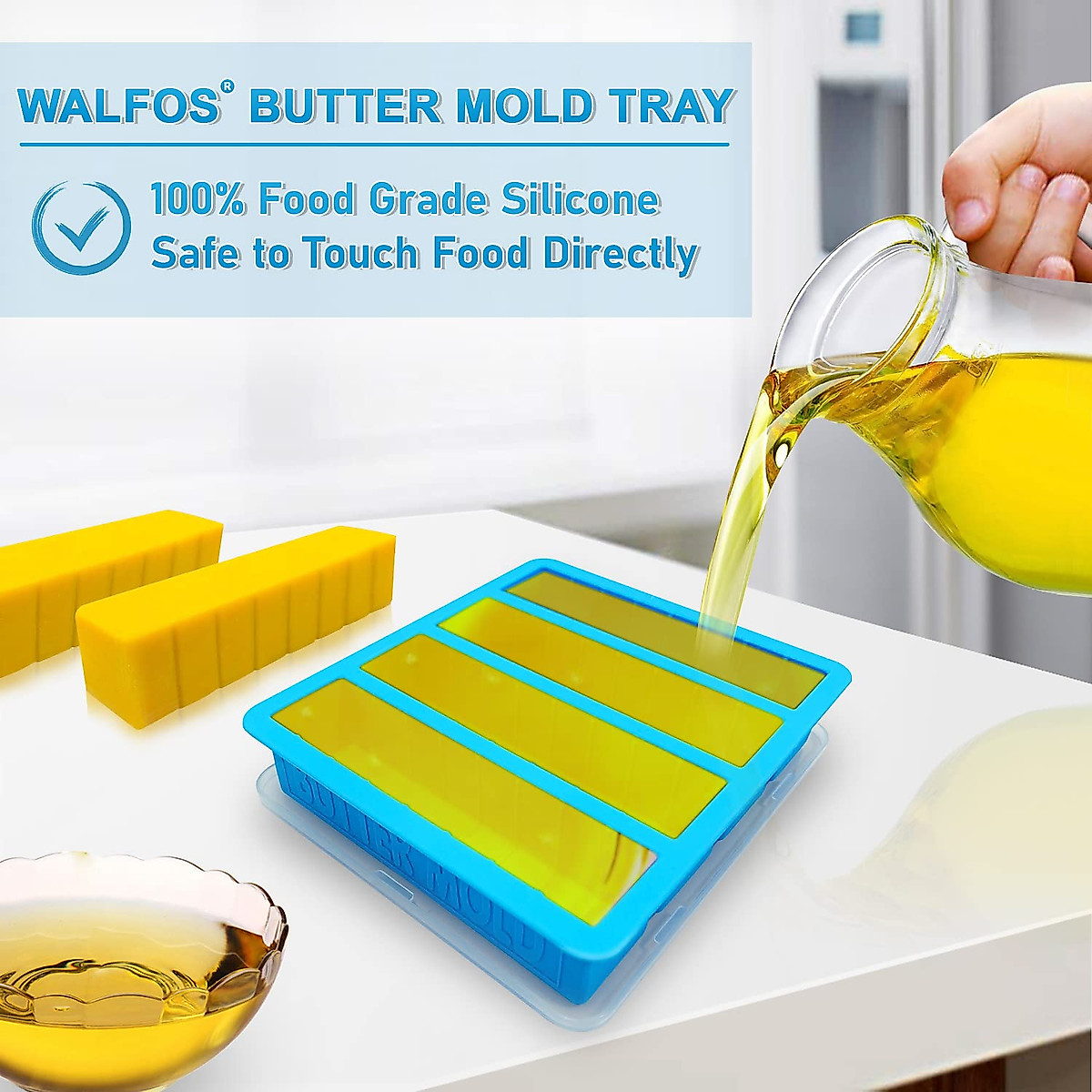Silicone Butter Mold with Lid, Walfos Non-Stick Butter Tray Fits Standard Butter Stick Size, Large Cavity Butter Maker Holds 8 Tablespoons Butter, Ideal For Butter, Soap Bar, Energy Bar, Brownie, Cake
