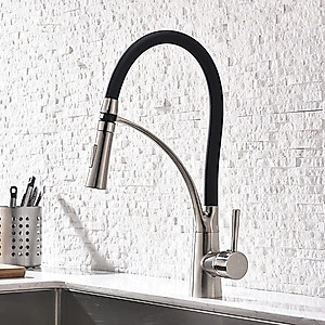 WEITOL Kitchen Sink Faucet for Bar Farmhouse Commercial, Black Rubber Design and Brushed Nickel Kitchen Faucet, Deck Mounted Pull Down Dual Spray Nozzle Mixer Sink Taps