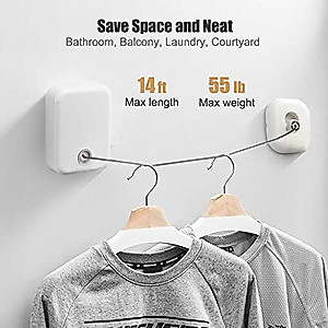 Retractable Clothesline Indoor Outdoor | Clothes Line 14ft | 304 Stainless Steel Clothesline Heavy Duty 55LBs Weight Capacity | Wall Mounted Clothes Drying Laundry Line, Lock to Prevent Sagging
