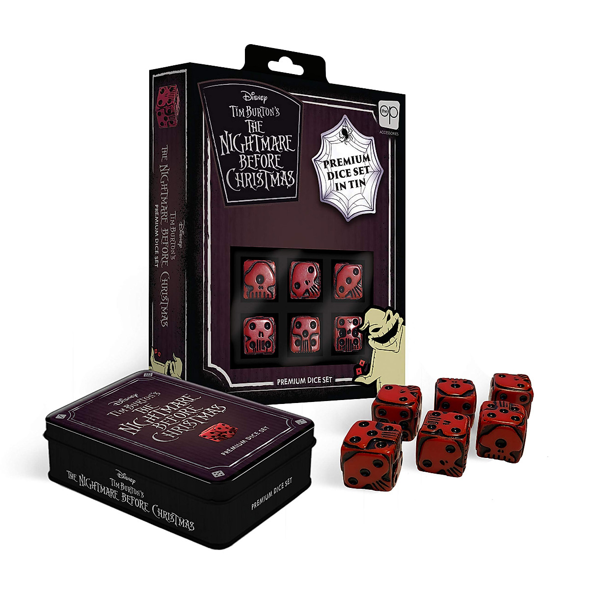 USAOPOLY Nightmare Before Christmas Premium Dice Set | Collectible d6 Dice | Red & Black Custom Dice with Collectible Tin Case | Officially Licensed Disney 6-Sided Dice (AC004-291-002000-12)