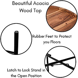 BIRDROCK HOME Folding Side Table with Removable Wood Tray - Black Metal Foldable Nightstand - Indoor Use Only - Bar Coffee Drinks Food Serving Tray - Decorative Modern End Accent - Natural Acacia