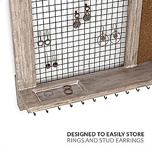 Barnyard Designs Wall Mounted Hanging Jewelry Organizer, Earring, Necklace and Bracelet Hanger with Ring Shelf, Rustic Wood Jewelry Holder Storage Display Rack, Large, Whitewashed Wood, 16.5" x 13"
