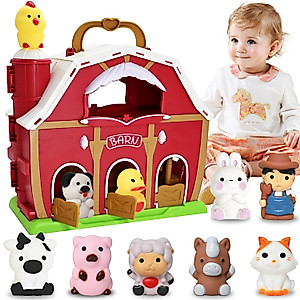 Big Red Barn Farm Animal Toy for 1 2 3 Years Old Toddlers, Preschool Montessori Learning Toys, Pretend Farm Playset with Animal Finger Puppets & Farmer, Christmas Birthday Gift for Boys Girls