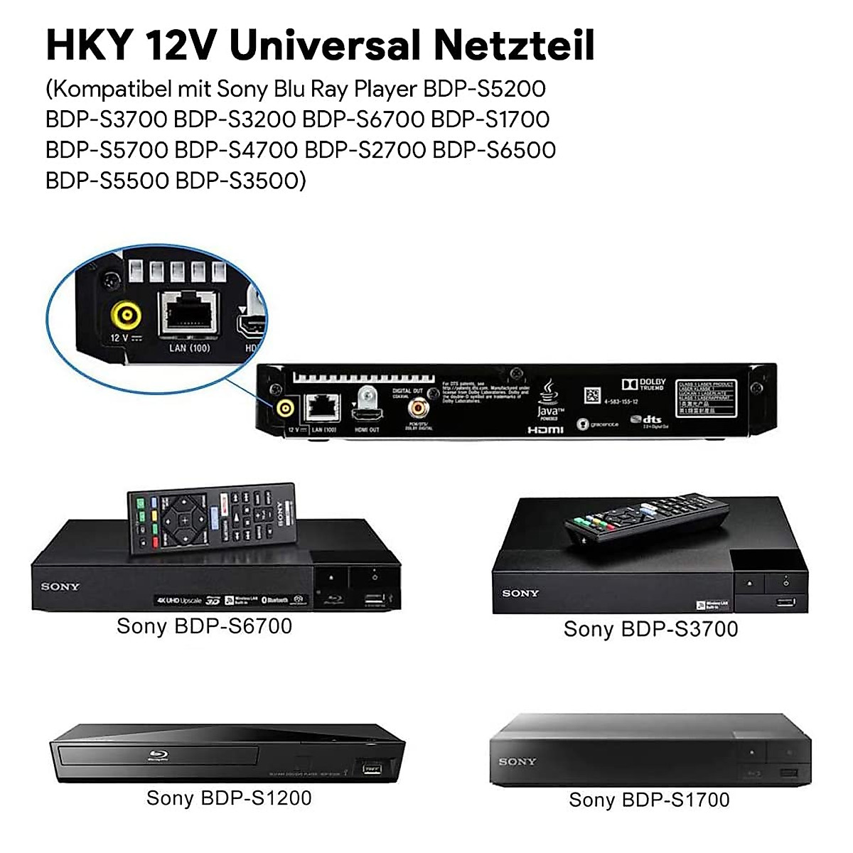 HKY 12V AC Adapter Compatible with Sony Blu Ray Player BDP-S5200 BDP-S3700 BDP-S3200 BDP-S6700 BDP-S1700 BDP-S5700 BDP-S4700 BDP-S2700 BDP-S6500 BDP-S5500 BDP-S3500 Power Cord Charger AC-M1208UC