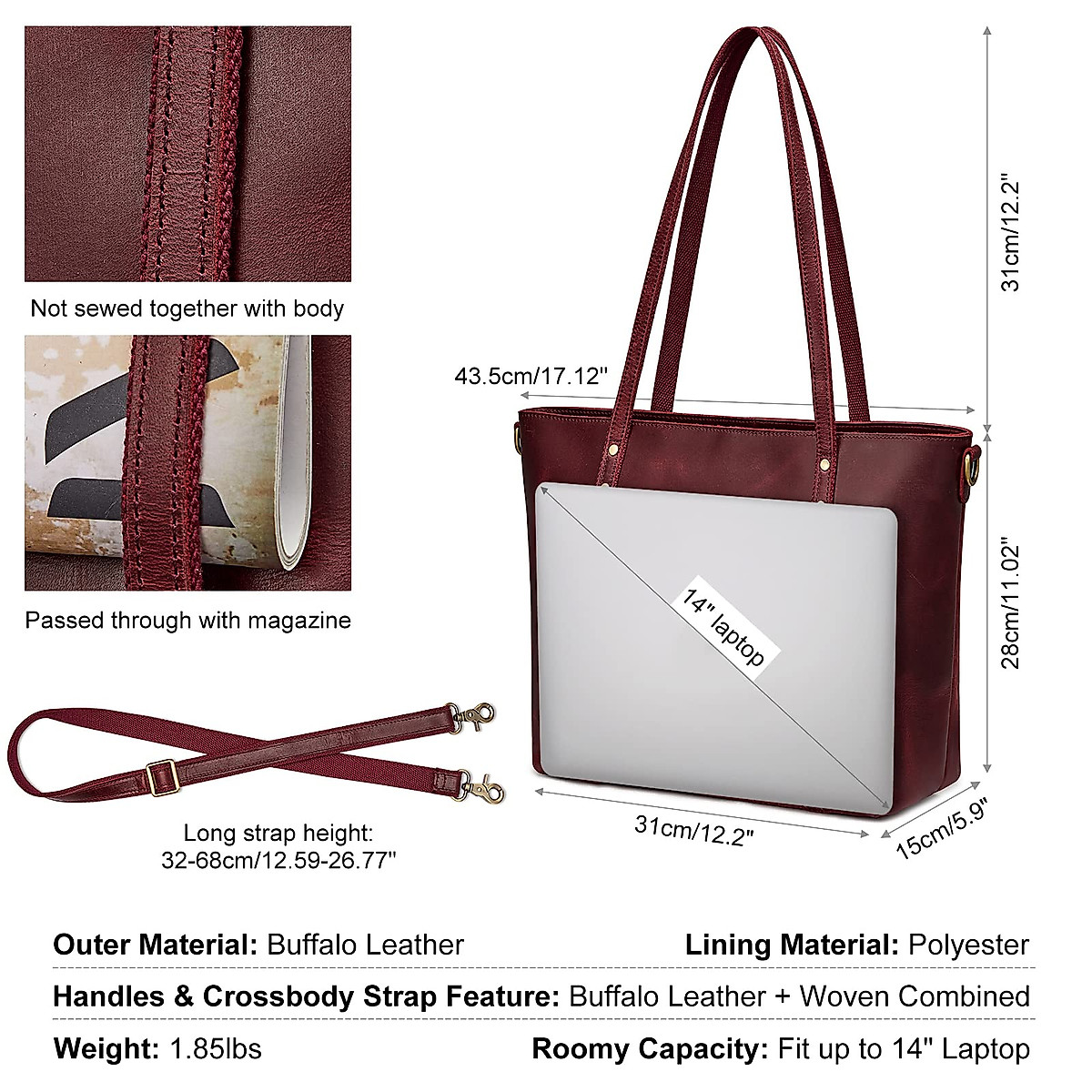 S-ZONE Genuine Leather Tote Bag for Women Vintage Shoulder Handbag Purse with Crossbody Strap Medium