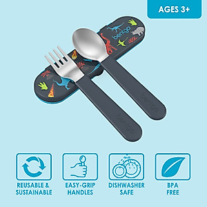 Bentgo® Kids Stainless Steel Utensil Set - Reusable Fork, Spoon & Storage Case - High-Grade BPA-Free Stainless Steel, Easy-Grip Handles, Dishwasher Safe for School Lunch, Travel & Outdoors (Dinosaur)