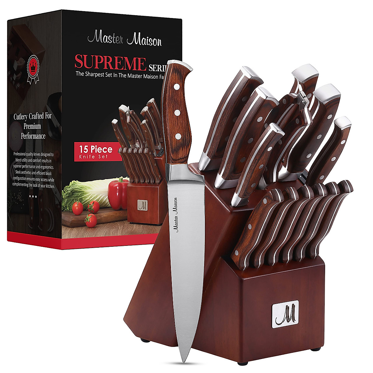 Master Maison Walnut Kitchen Knife Set With Wood Knife Block & Bonus Cleaver | German Stainless Steel Knives With Knife Sharpener & 6 Steak Knives | Professional Butcher Block Knife Sets For Kitchen