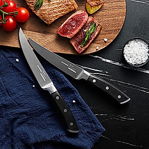 OAKSWARE Steak Knives Set of 8 with Block, 5 inch Non Serrated Steak Knife Set, 8 Pieces Professional Straight Edge Kitchen Table Dinner Knives - Forged German Steel - Full Tang Handle