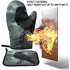 Raven Oven Mitt and Pot Holder Kitchen Set of 2: Heat Resistant Oven Mittens and Hot Pads Potholders for Kitchen