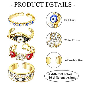 Sanfenly 16Pcs Evil Eye Ring Colorful Enamel Rings Set for Women Gold Plated Chunky Aesthetic Trendy Cubic Zirconia Adjustable Open Ring Lucky Protection Jewelry