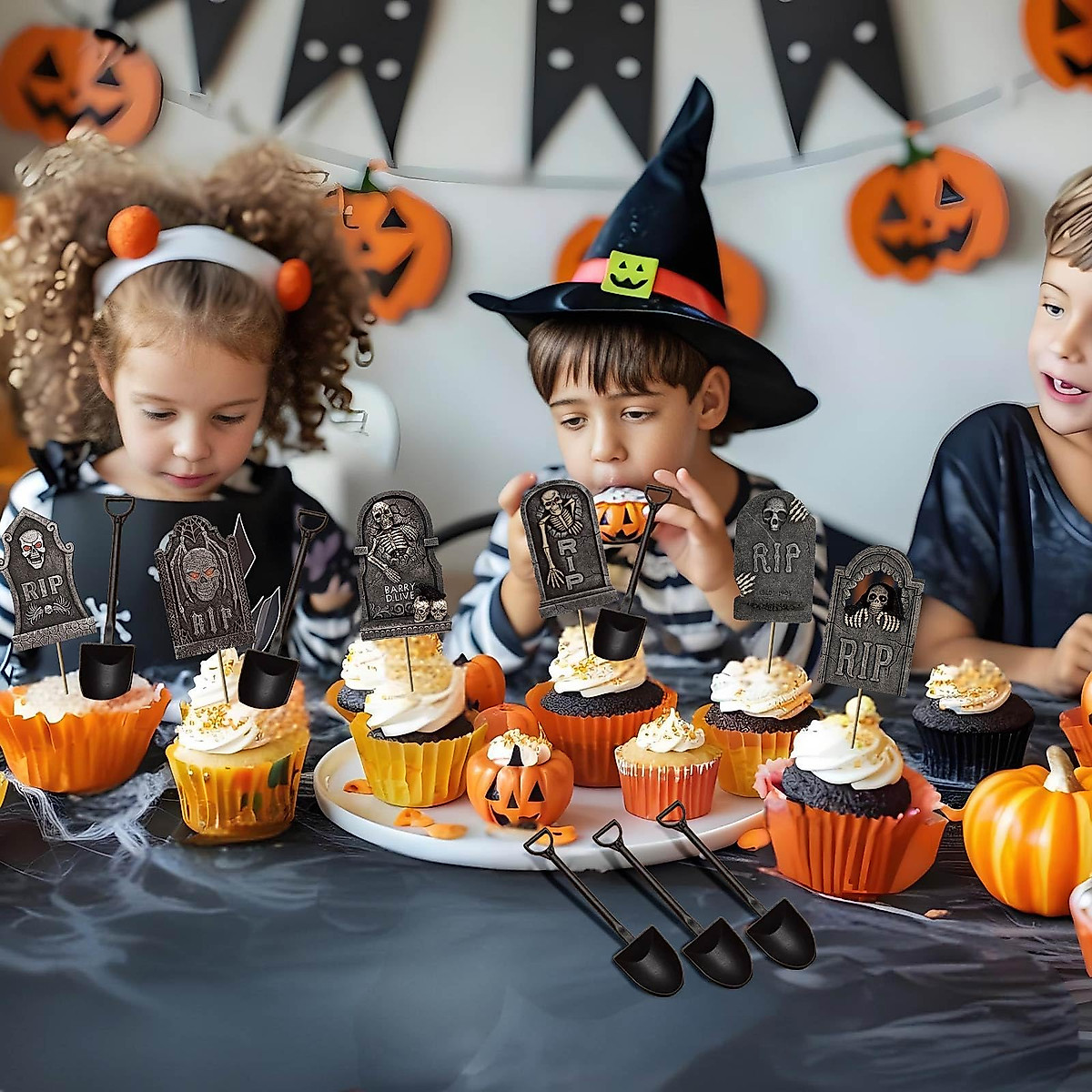 INACORN 48PCS Halloween Cupcake Toppers - Halloween Cake Decorations & Halloween Birthday Party Decorations - Graveyard Tombstone Cupcake Toppers with Novelty Mini Shovel Spoons