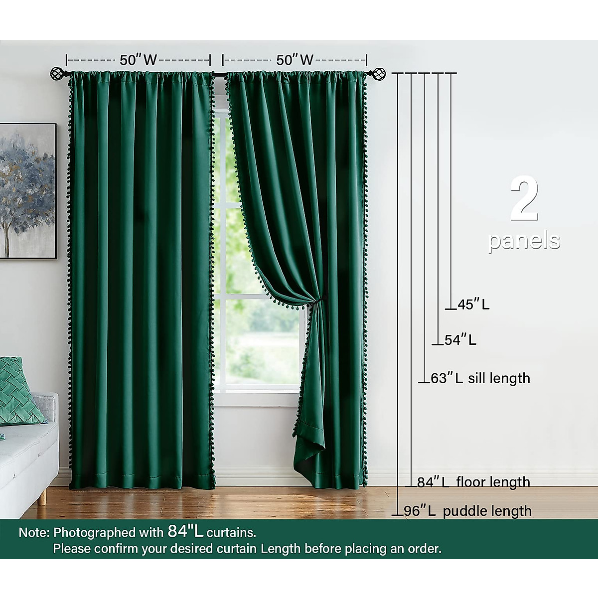 Green Blackout Curtains for Bedroom 84 inch Pom Pom Windows Drapes Cute Decorative Triple Weave Thermal Insulated Curtain Drapes for Nursery Room Studio Hotel 52" w x2 Panels Rod Pocket