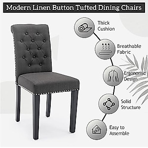 ABET Modern Dining Chairs Set of 2, Button Tufted Parsons Dining Chairs, Upholstered Fabric with Nailheads and Solid Wood Legs, Stylish Kitchen Chairs with Padded Seat, Dark Grey