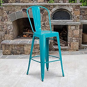 EMMA + OLIVER Commercial Grade 30" H Teal-Blue Metal Indoor-Outdoor Barstool with Back