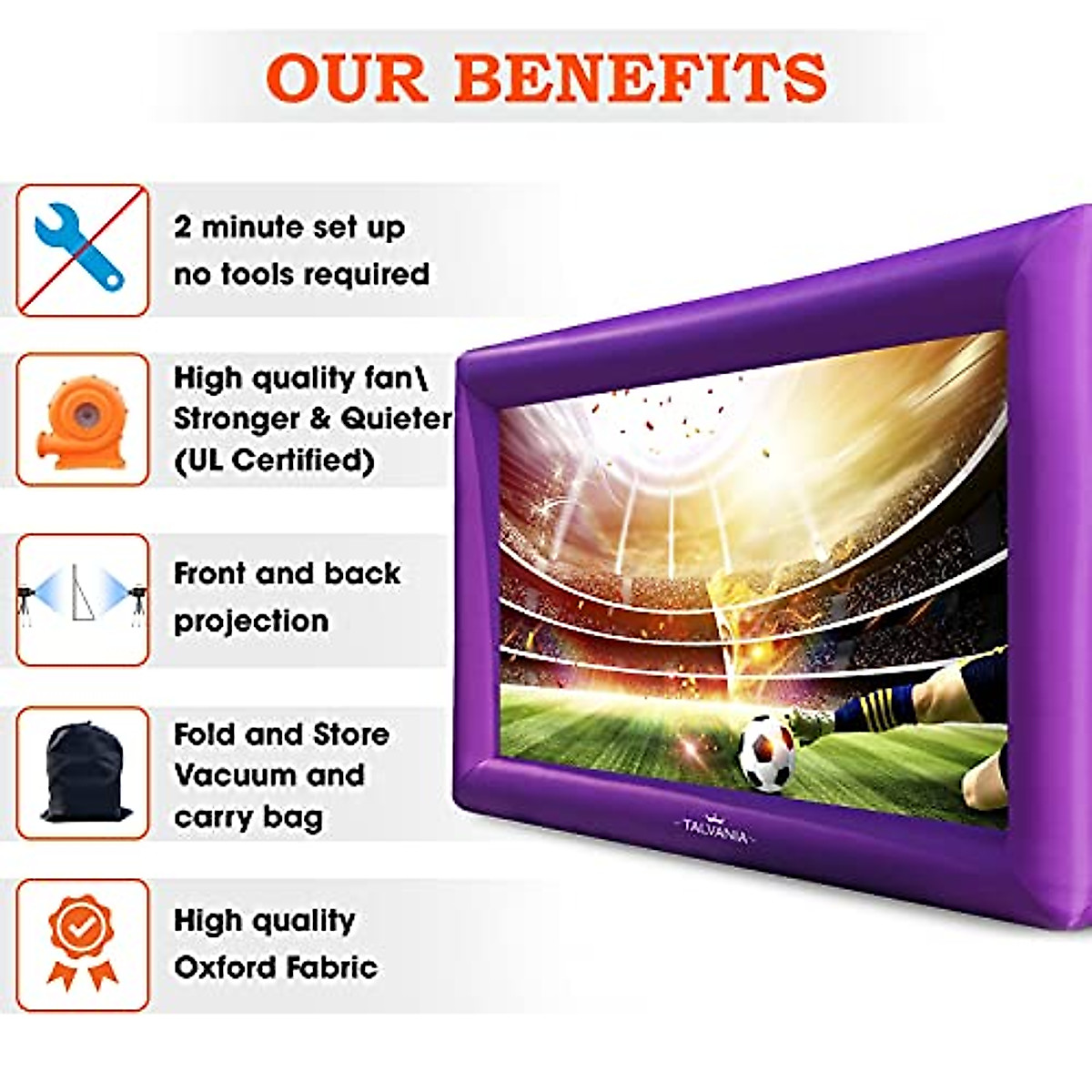 Talvania 33 Feet Inflatable Projector Screen for Outdoor and Indoor TV Movie Watching, Huge Screen, Blower, Tie Downs, Stakes, Sandbags, and Storage Bag, Quick Blow Up, Jumbo (33' Purple)