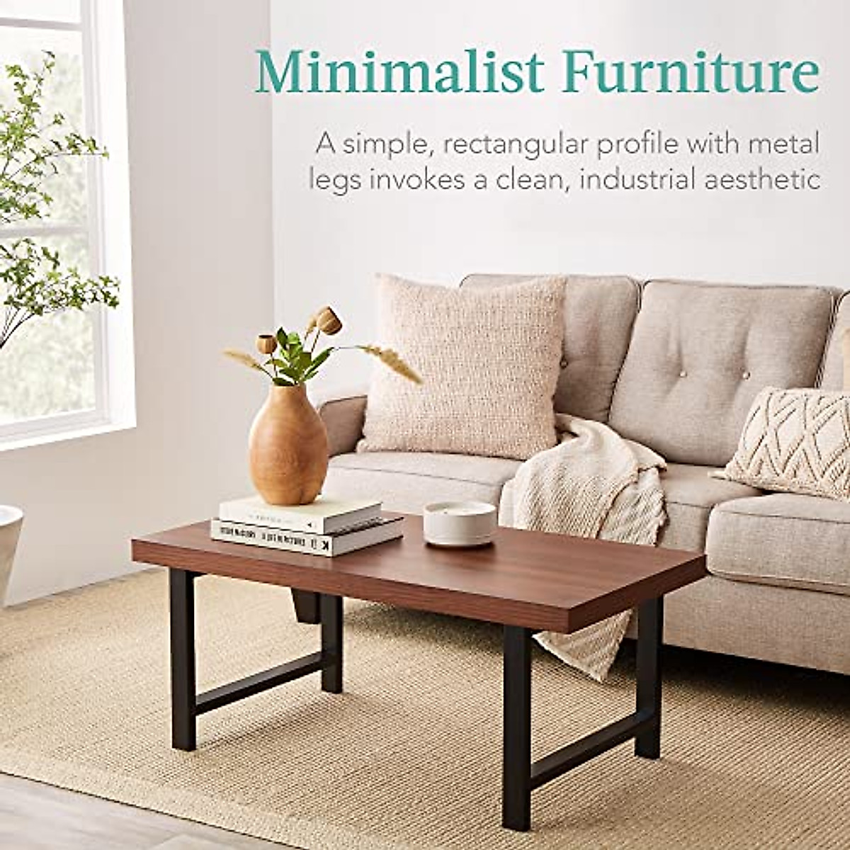 Best Choice Products 44in Modern Coffee Table Butcher Block Top Large Accent Table, Rectangular Wood Industrial Rustic Coffee Table for Living Room w/ 2in Metal Legs, 3in Tabletop - Brown