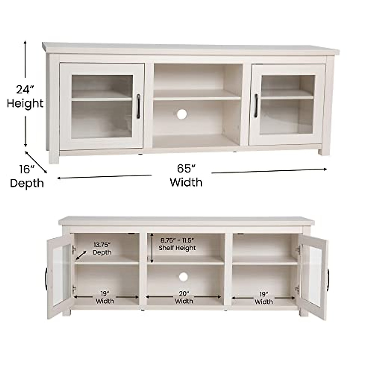 Flash Furniture Sheffield Engineered Wood TV Stand for 80" TVs, Media Console/TV Cabinet with 3 Adjustable Shelves and Glass Doors, White Wash Finish