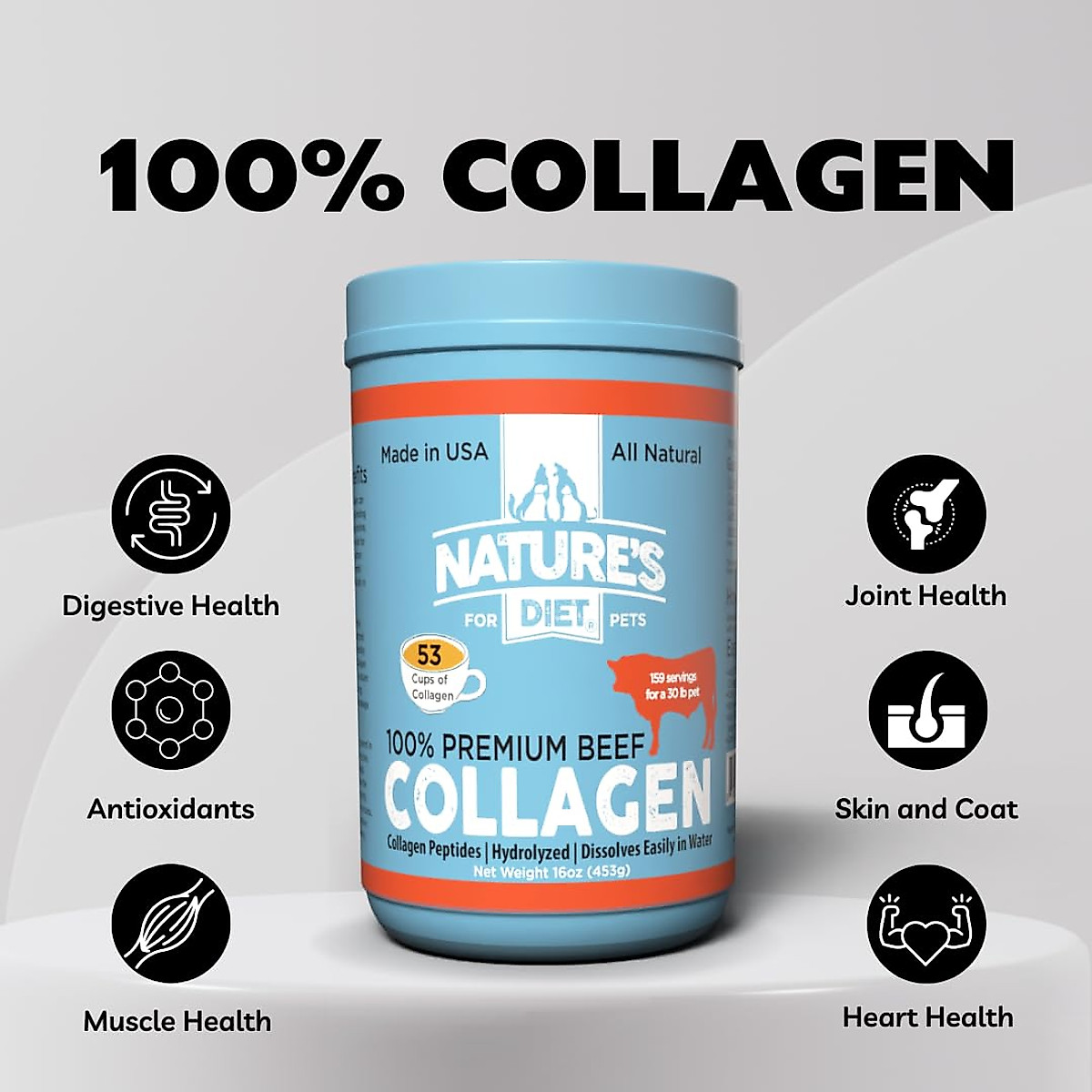 Nature's Diet Premium Beef Collagen Peptides Powder for Dogs & Cats, Joint & Skin Health Support