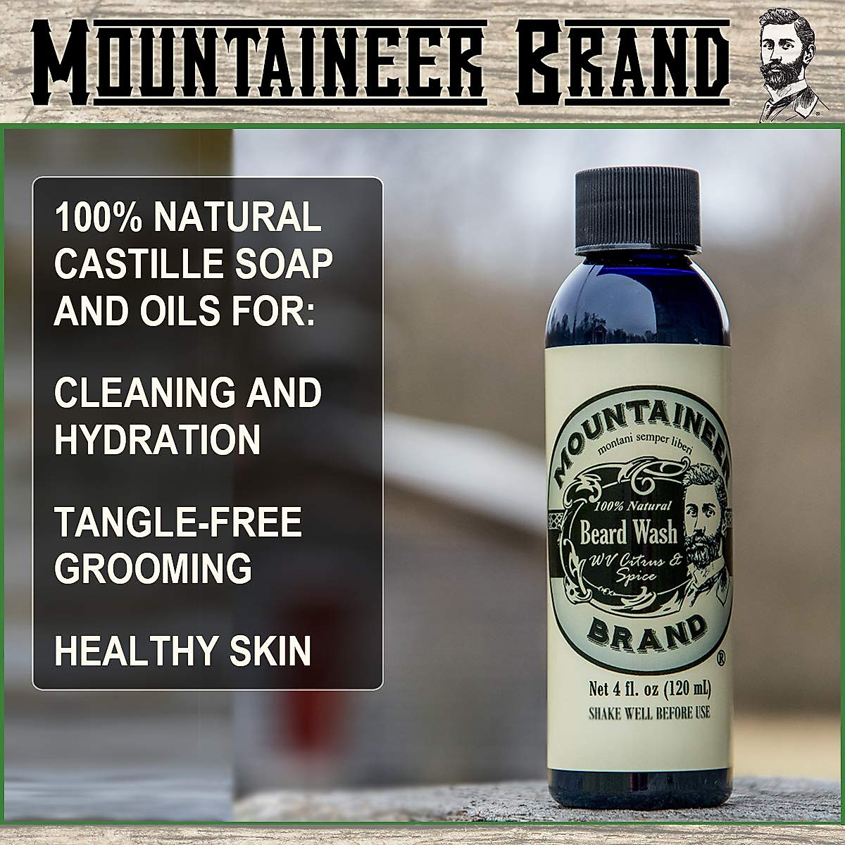 Mountaineer Brand Beard Wash For Men | 100% Natural Beard Shampoo | Thick Cleaning Softening Lather for Hair and Skin | Hydrate and Detangle | Grooming Treatment | WV Citrus & Spice Scent 4oz