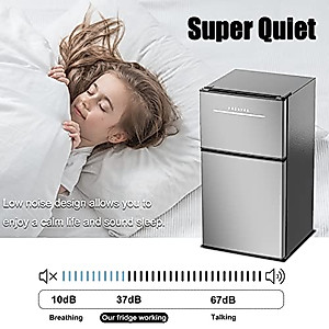 Frestec Mini Fridge with Frezzer,3.2 Cu.Ft Mini Fridge for Bedroom,Small Refrigerators,2 Door Compact Refrigerator 37dB Quiet,7-Settings Mechanical Thermostat,LED Lights for Dorm, Office, Apartment (Stainless Steel)