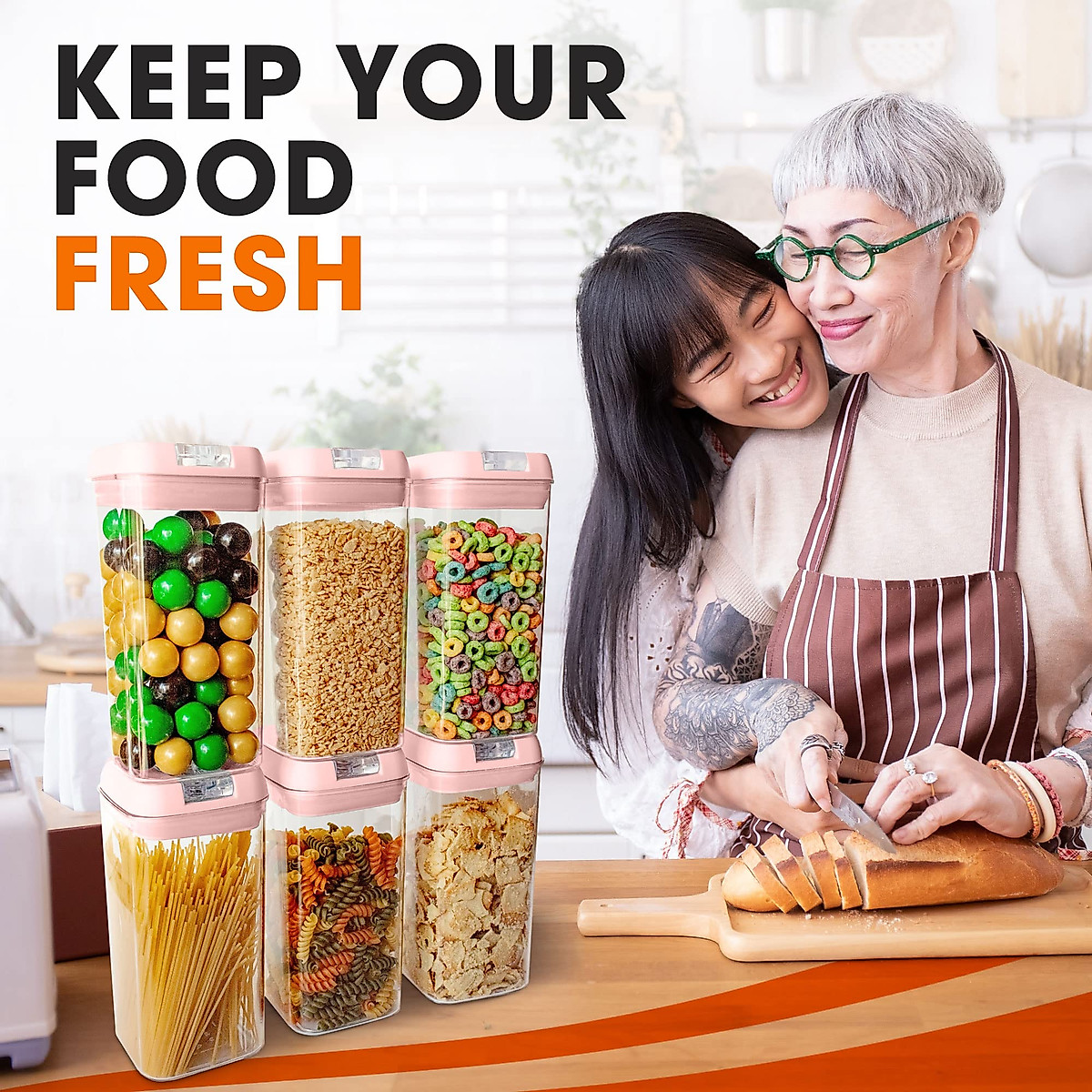 Cheer Collection Airtight Food Storage Containers, Kitchen Storage Containers for Pantry, Set of 6 Food Containers with Lids Airtight, Pantry Storage Containers & Organizers with Lids, 12L, Pink