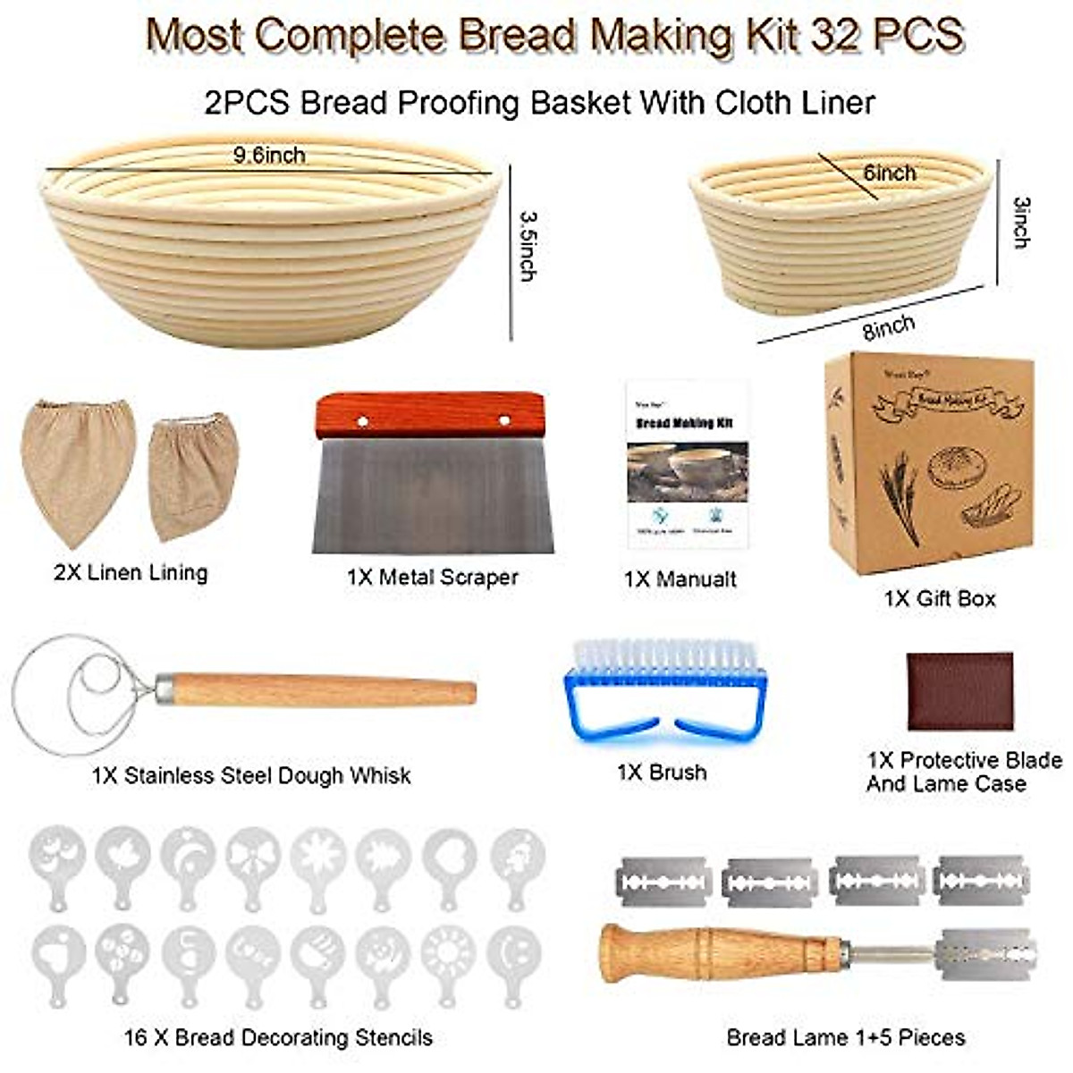 32Pcs Bread Proofing Basket Set, West Bay 10 Inch Round & 8 Inch Oval Cane Sourdough Basket w/Bread Lame Dough Scraper Linen Liner Brush Flouring Stencils Fermentation Danish Dough Whisk Father's Day