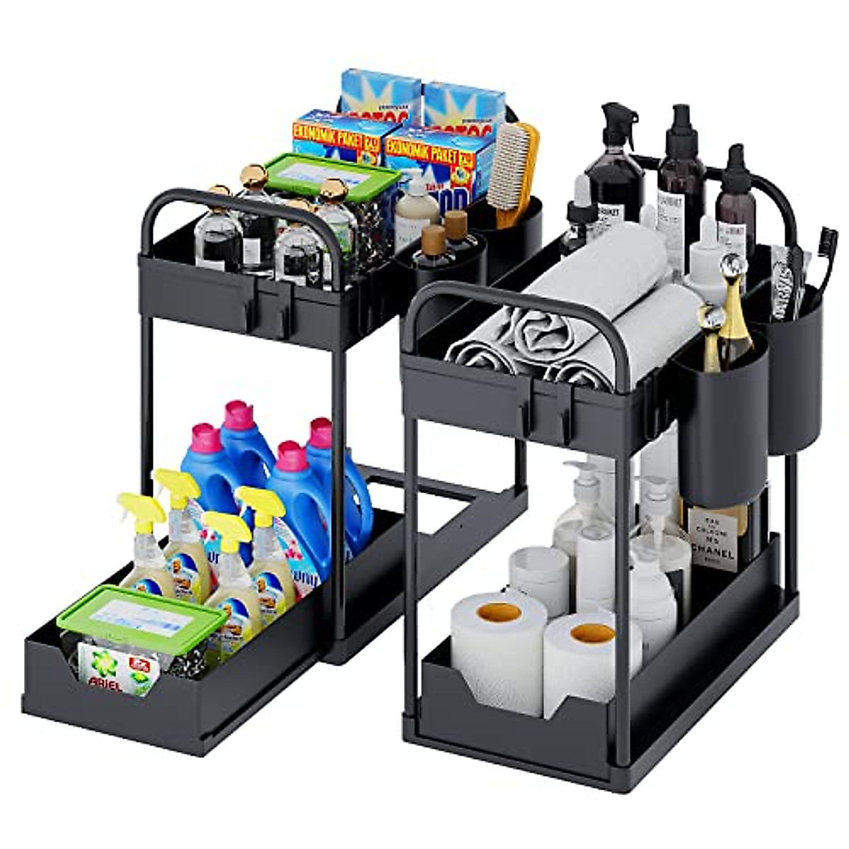 2 Pack Under Sink Organizers and Storage, Cabinet Organizer with Sliding Drawers, Bathroom Organizer, Multi-purpose Under Kitchen Sink Storage Shelf with Handles, 4 Cups and 8 Hooks, (Black)