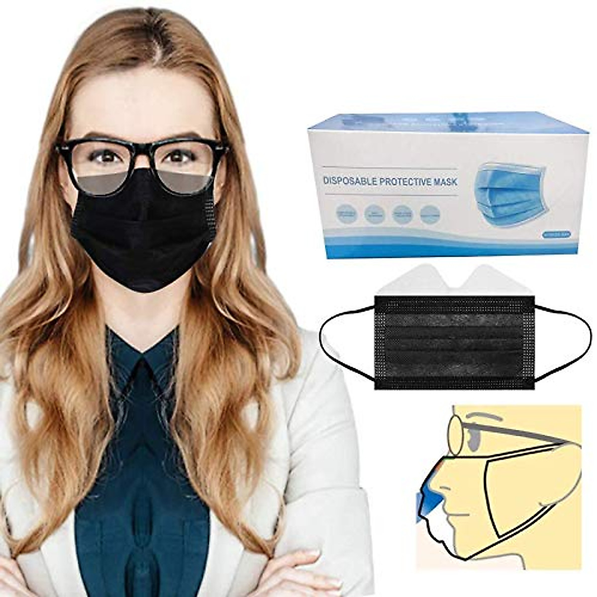 50Pcs Anti-fog Disposable Face_Mask for Glasses Wearers, 3-ply Protective Breathable Face_Masks with Nose Wire, Prevent Fogging Facemasks for Adults