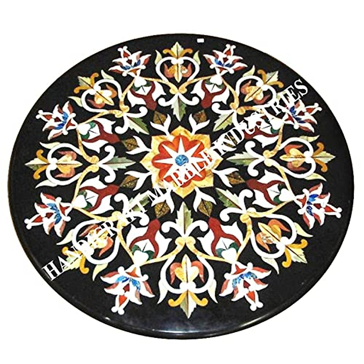 Black Marble Inlay Coffee Table Top, Pietra Dura Dining Table Top, Stone Inlaid Wall Decor, Centre Piece, Piece Of Conversation